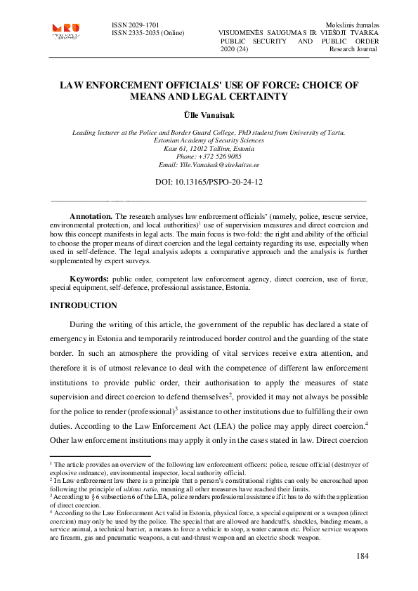 (PDF) Law Enforcement Officials' Use of Force: Choice of Means and ...