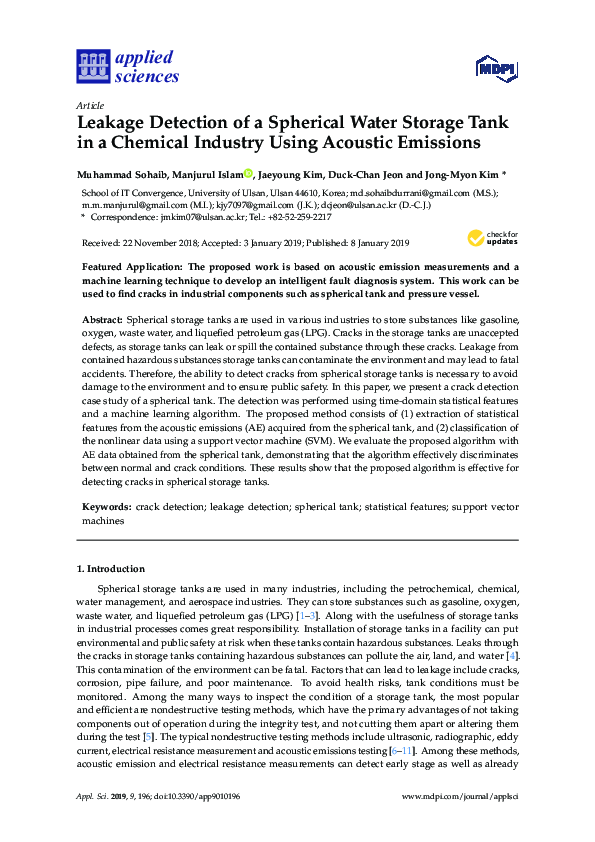 (PDF) Leakage Detection of a Spherical Water Storage Tank in a Chemical Industry Using Acoustic ...