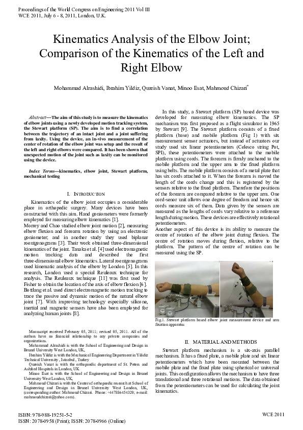 (PDF) Kinematics Analysis of the Elbow Joint; Comparison of the ...