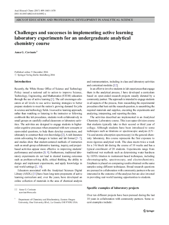 (PDF) Challenges and successes in implementing active learning laboratory experiments for an ...