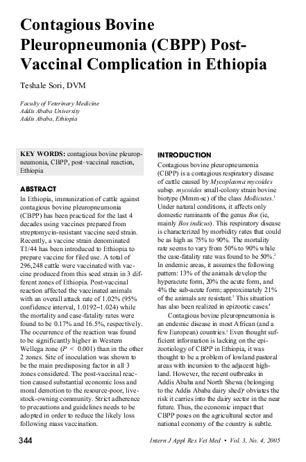 (PDF) Contagious Bovine Pleuropneumonia (CBPP) Post- Vaccinal ...