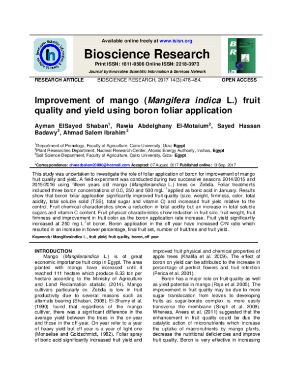Pdf Improvement Of Mango Manera Indica L Fruit Quality And