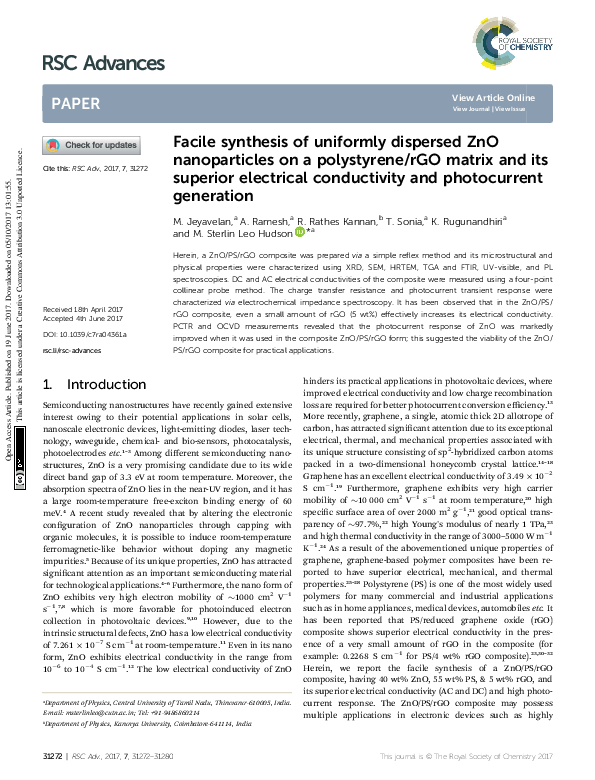 (PDF) Facile synthesis of uniformly dispersed ZnO nanoparticles on a polystyrene/rGO matrix and ...