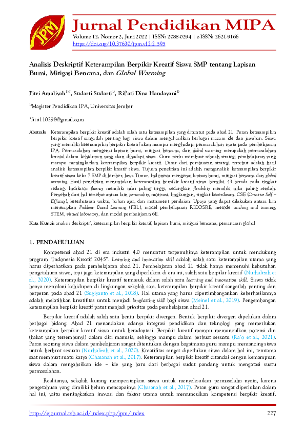 (PDF) Analisis Deskriptif Keterampilan Berpikir Kreatif Siswa SMP tentang Lapisan Bumi, Mitigasi ...