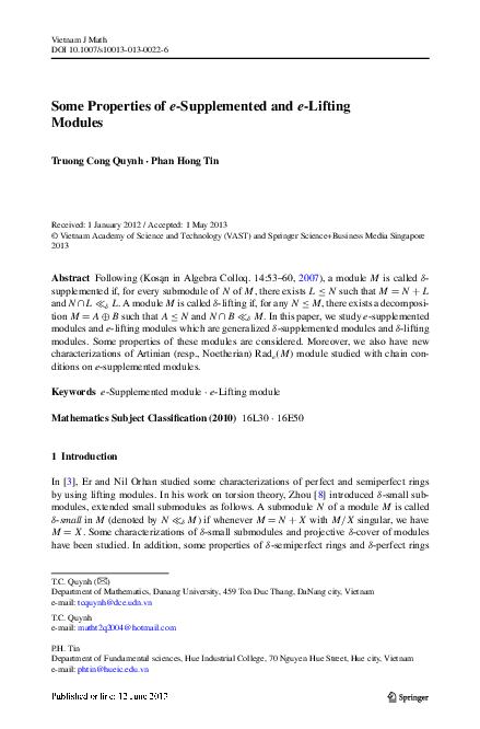 (PDF) Some Properties of e-Supplemented and e-Lifting Modules