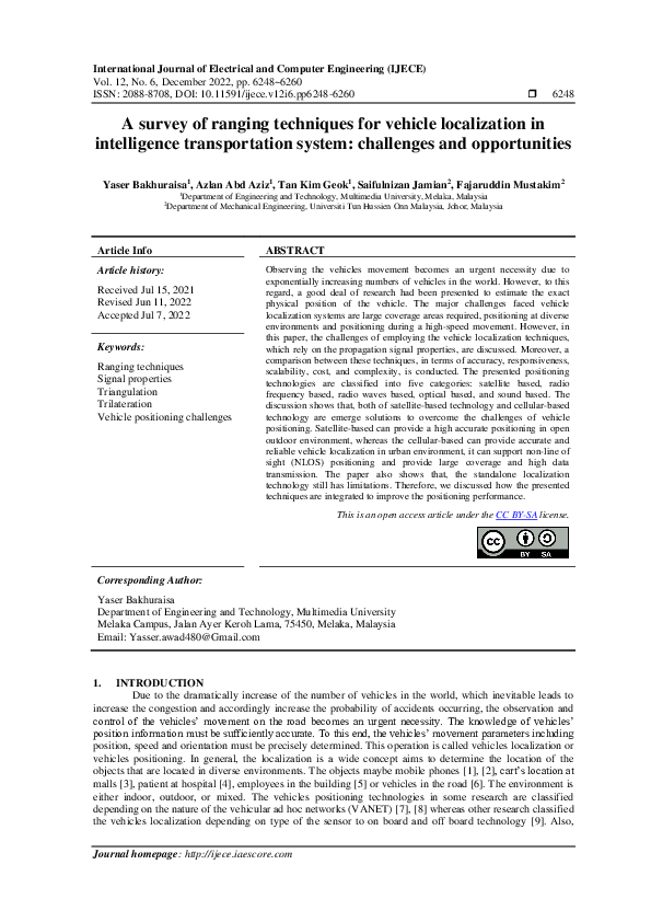 Pdf A Survey Of Ranging Techniques For Vehicle Localization In