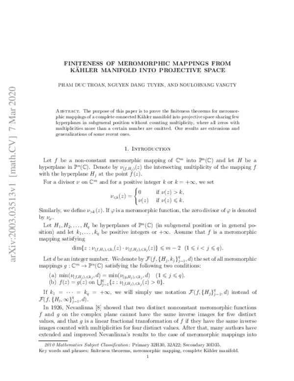 (PDF) Finiteness of meromorphic mappings from K\"{a}hler manifold into projective space