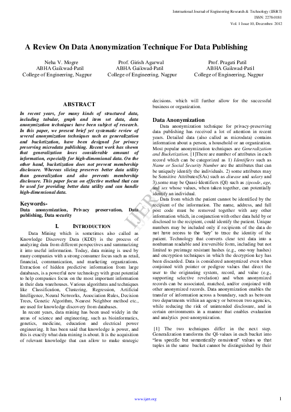 (PDF) A Review On Data Anonymization Technique For Data Publishing
