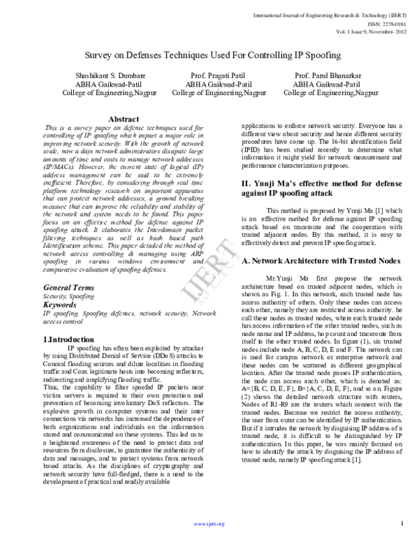 (PDF) Survey on Defenses Techniques Used For Controlling IP Spoofing