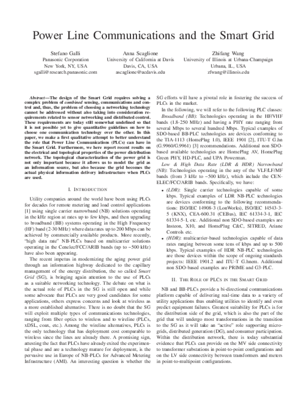 Pdf Power Line Communications And The Smart Grid