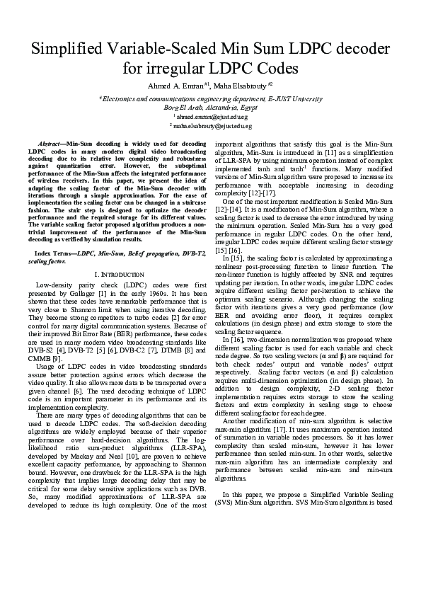 Pdf Simplified Variable Scaled Min Sum Ldpc Decoder For Irregular Ldpc Codes
