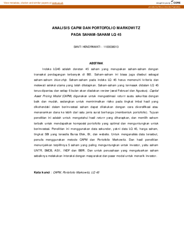 (PDF) Analisis Capm Dan Portofolio Markowitz Pada Saham-Saham LQ 45