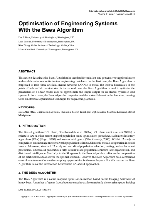 Pdf Optimisation Of Engineering Systems With The Bees Algorithm Duc Loan Pham
