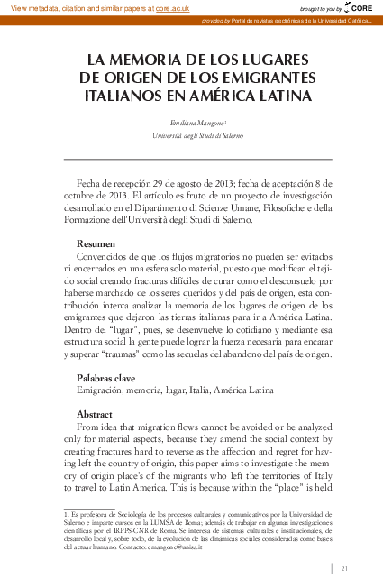 (PDF) La memoria de los lugares de origen de los emigrantes italianos ...