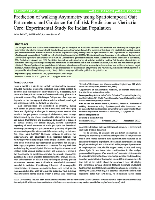 (PDF) Prediction of walking Asymmetry using Spatiotemporal Gait ...
