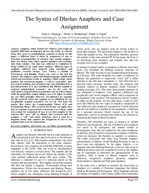 (PDF) The Syntax of Dholuo Anaphors and Case Assignment