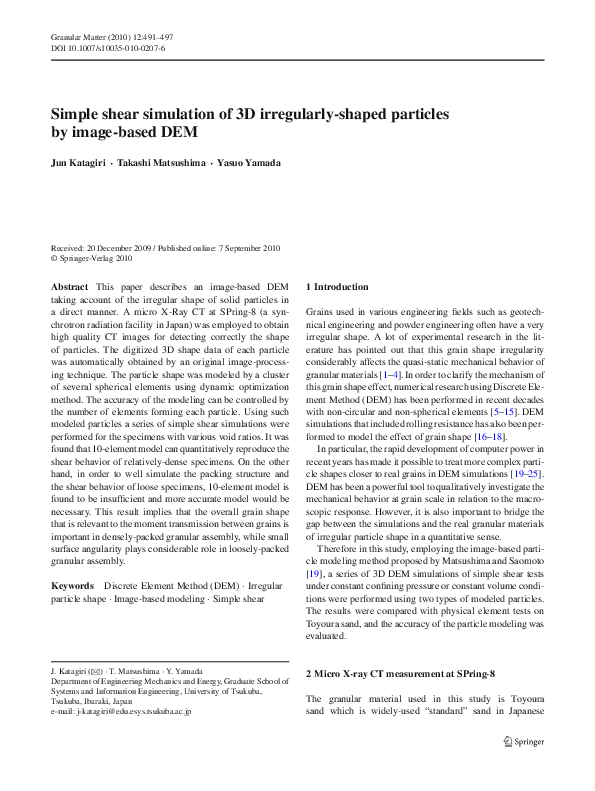 (PDF) Simple shear simulation of 3D irregularly-shaped particles by ...