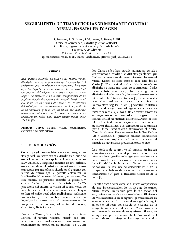 (PDF) Seguimiento de trayectorias 3D mediante control visual basado en imagen | Pablo Gil ...