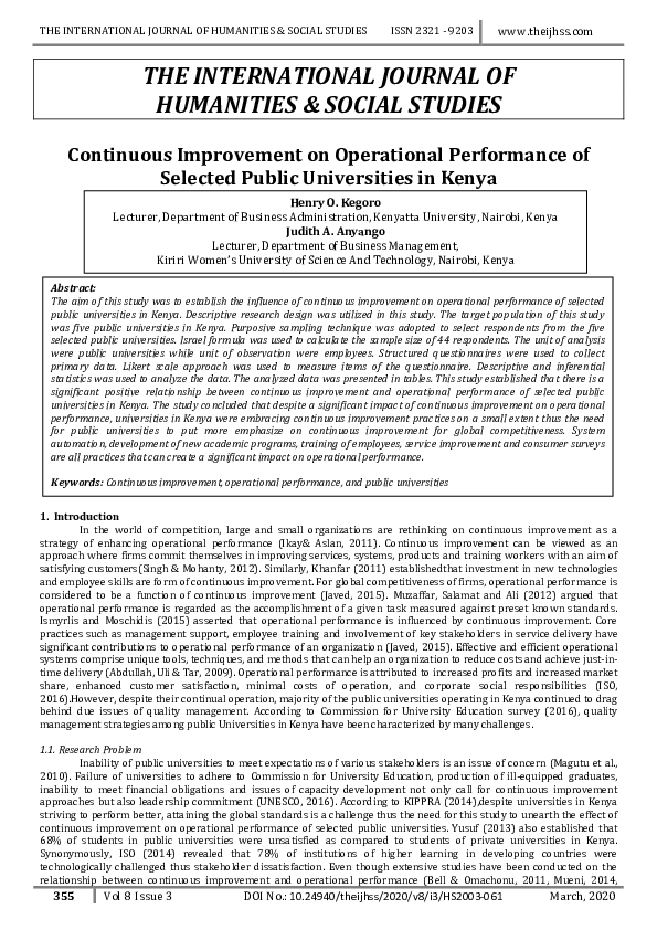 (PDF) Continuous Improvement on Operational Performance of Selected ...