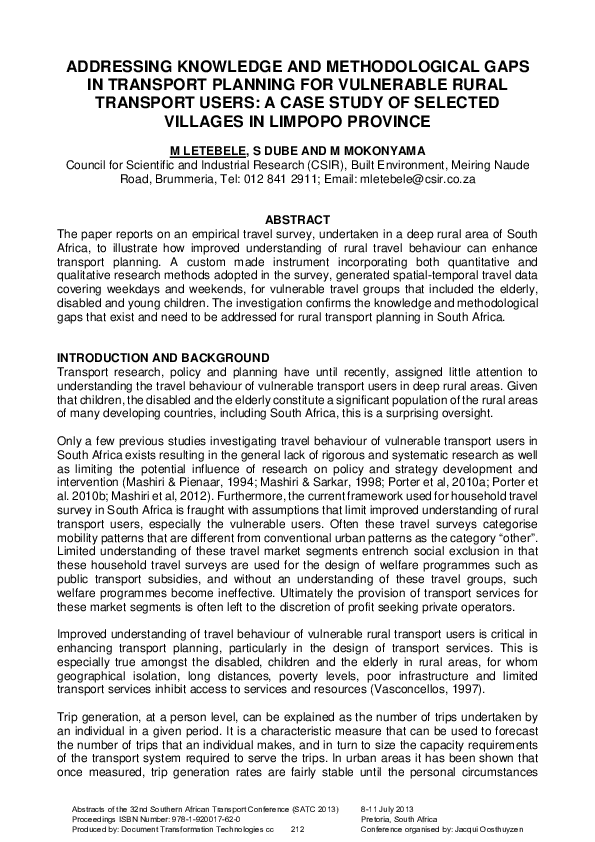 (PDF) Addressing knowledge and methodological gaps in transport planning for vulnerable rural ...