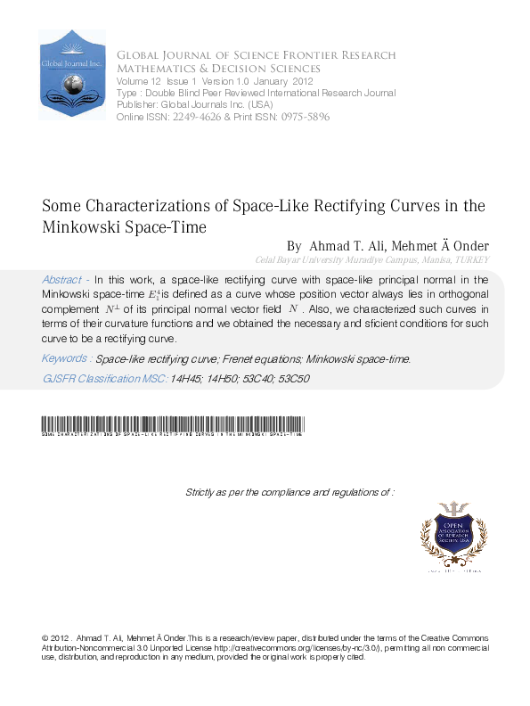 (PDF) Some Characterizations of Space-like Rectifying Curves in the Minkowski Space-time | ahmad ...