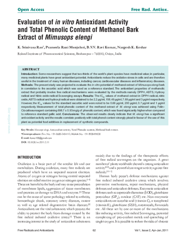 (PDF) Evaluation of in vitro Antioxidant Activity and Total Phenolic Content of Methanol Bark ...