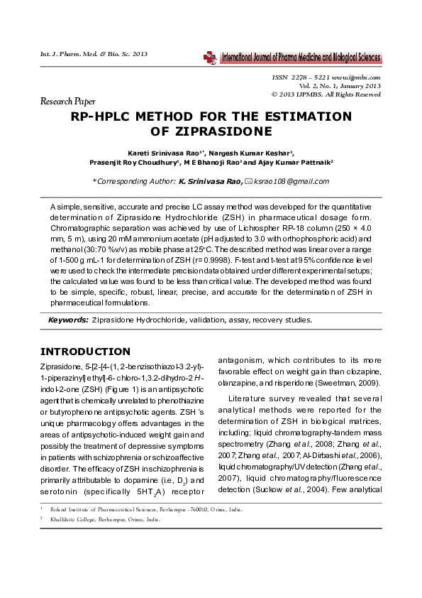 (PDF) RP-HPLC Method for the Estimation of Ziprasidone