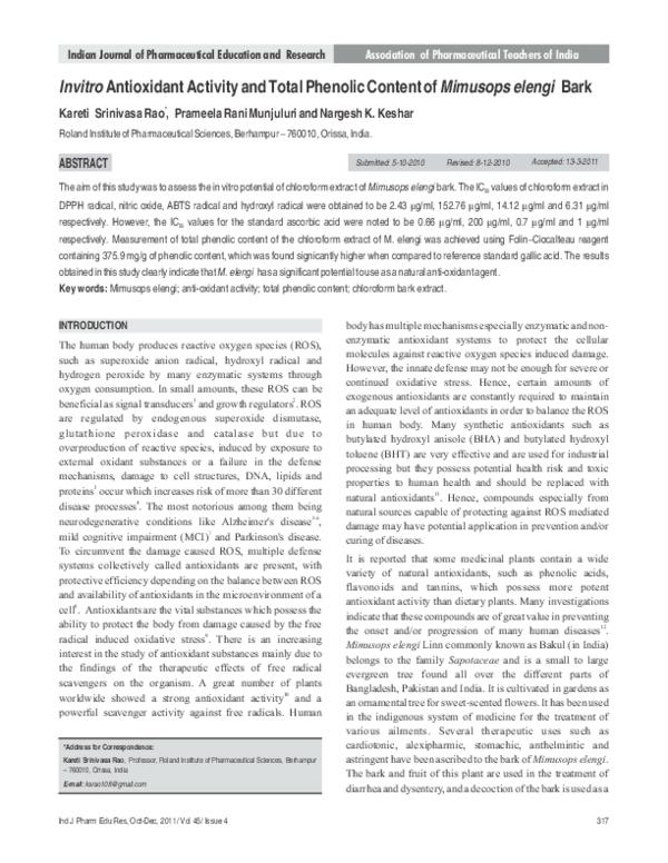 (PDF) Invitro Antioxidant Activity and Total Phenolic Content of Mimusops elengi Bark