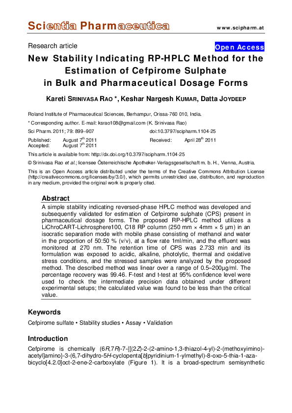 (PDF) New Stability Indicating RP-HPLC Method for the Estimation of Cefpirome Sulphate in Bulk ...