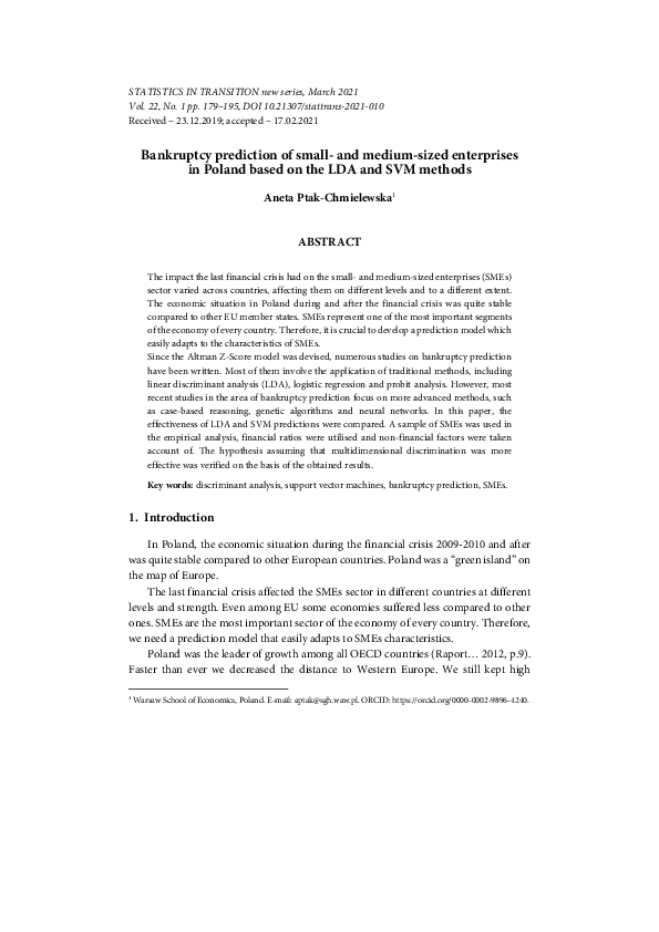 Pdf Bankruptcy Prediction Of Small And Medium Sized Enterprises In Poland Based On The Lda