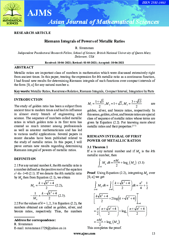 (PDF) Riemann Integrals of Powers of Metallic Ratios | Editor BRNSS PUB HUB - Academia.edu