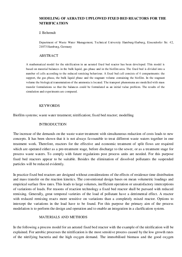 Pdf Modeling Of Aerated Upflow Fixed Bed Reactors For Nitrification