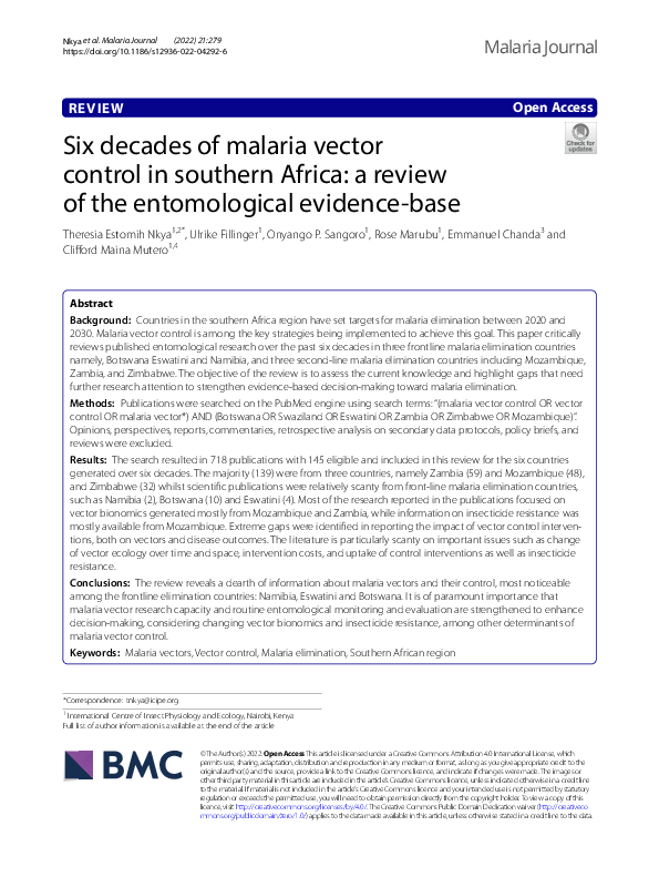 (PDF) Six decades of malaria vector control in southern Africa: a ...