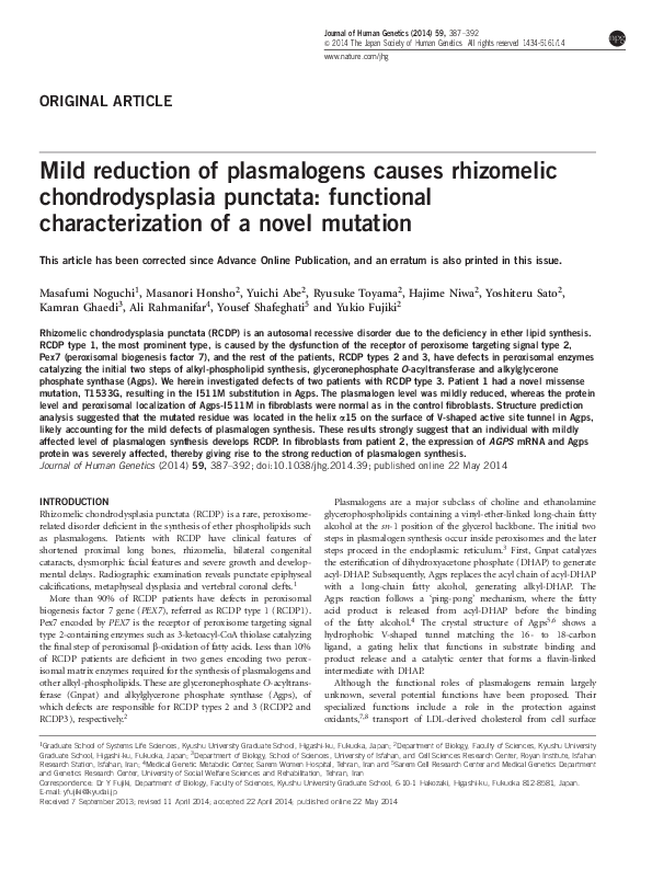 (PDF) Mild reduction of plasmalogens causes rhizomelic chondrodysplasia ...