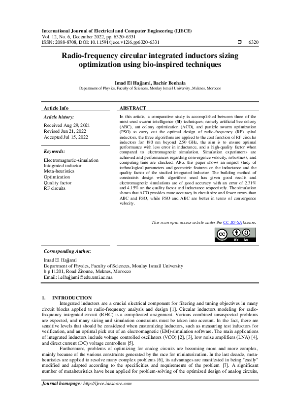 Pdf Radio Frequency Circular Integrated Inductors Sizing Optimization Using Bio Inspired