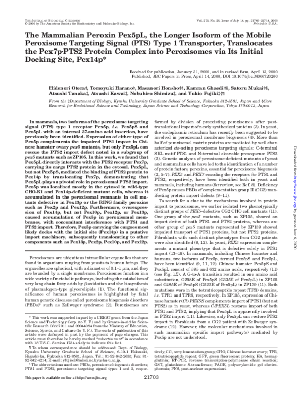 (PDF) The Mammalian Peroxin Pex5pL, the Longer Isoform of the Mobile ...