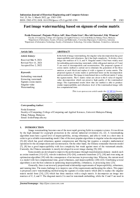 Pdf Fast Image Watermarking Based On Signum Of Cosine Matrix