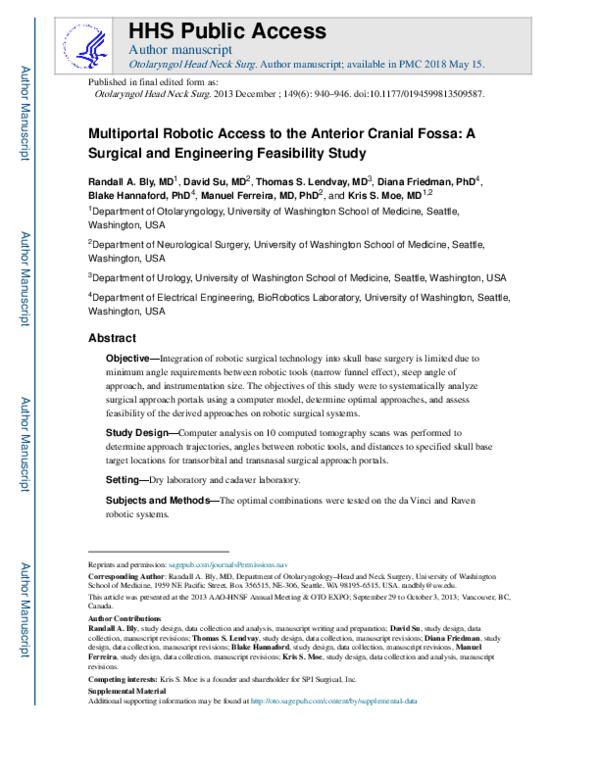 (PDF) Multiportal Robotic Access to the Anterior Cranial Fossa: An ...