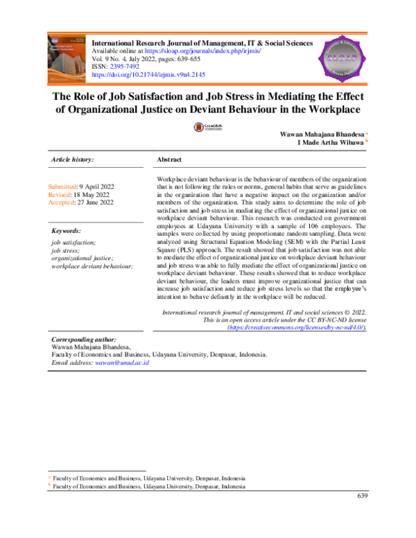 (PDF) Role of Job Satisfaction and Job Stress in Mediate the Effect of ...