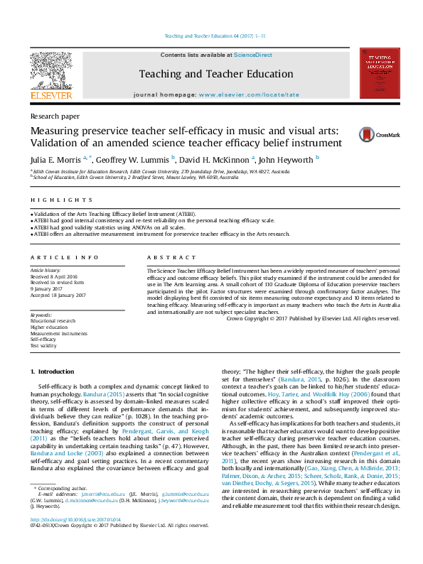 (PDF) Measuring preservice teacher self-efficacy in music and visual arts: Validation of an ...