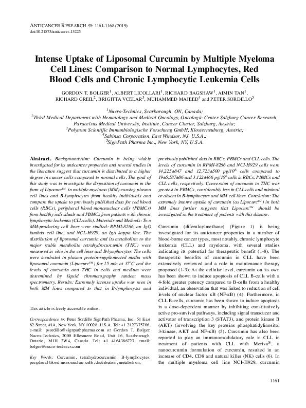 (PDF) Intense Uptake of Liposomal Curcumin by Multiple Myeloma Cell Lines: Comparison to Normal ...