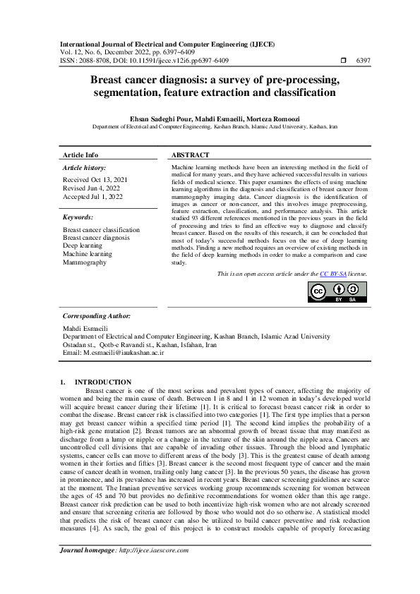 Pdf Breast Cancer Diagnosis A Survey Of Pre Processing Segmentation Feature Extraction And