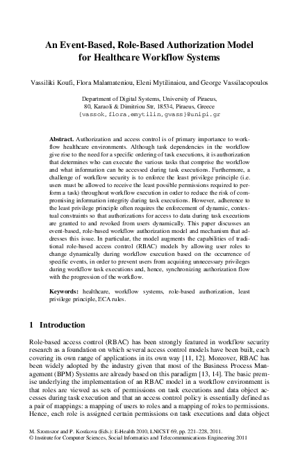 (PDF) An Event-Based, Role-Based Authorization Model for Healthcare Workflow Systems | Eleni ...