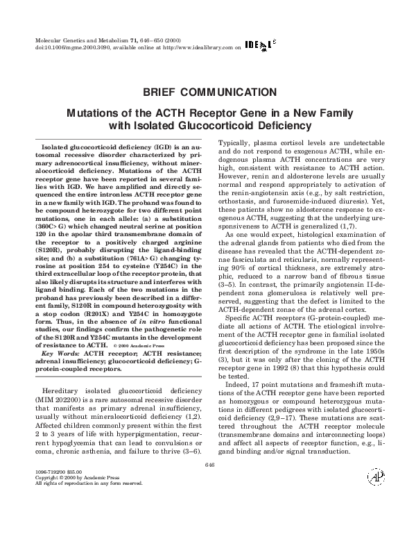 (PDF) Mutations of the ACTH Receptor Gene in a New Family with Isolated ...