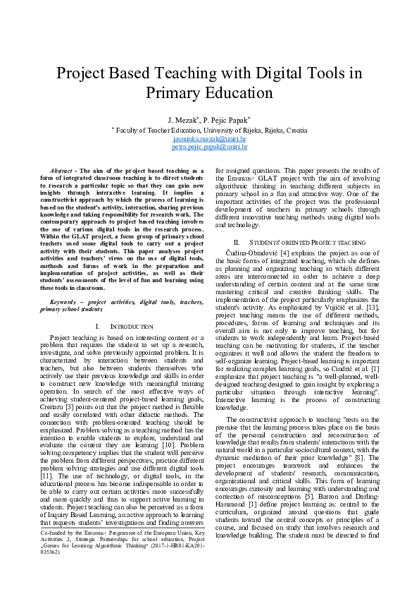 (PDF) Project Based Teaching with Digital Tools in Primary Education