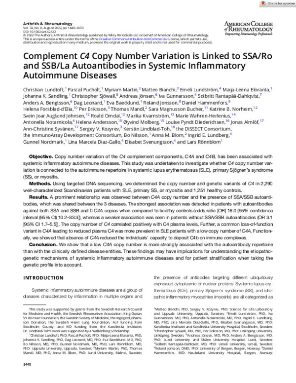 (PDF) Complement C4 Copy Number Variation is Linked to SSA/Ro and SSB/La Autoantibodies in ...