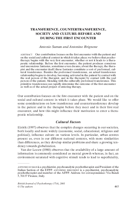 (PDF) Transference, Countertransference, Society and Culture: Before and During the First Encounter