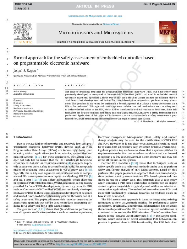 Pdf Formal Approach For The Safety Assessment Of Embedded Controller Based On Programmable