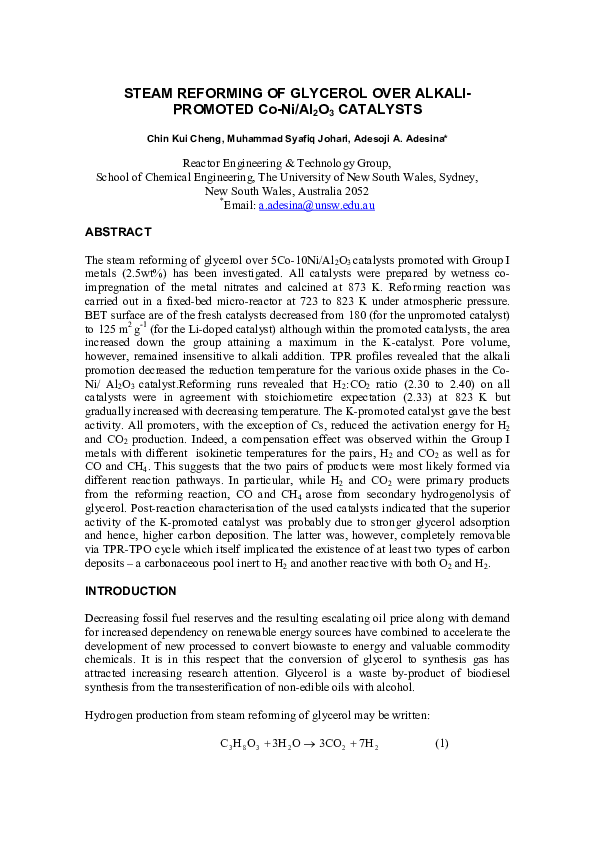 (PDF) Steam Reforming Of Glycerol Over Alkali promoted Co-Ni/Al2o3 Catalysts
