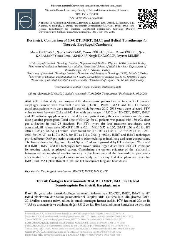 (PDF) Torasik Özofagus Karsinomunda 3D-CRT, IMRT, IMAT ve Helical ...